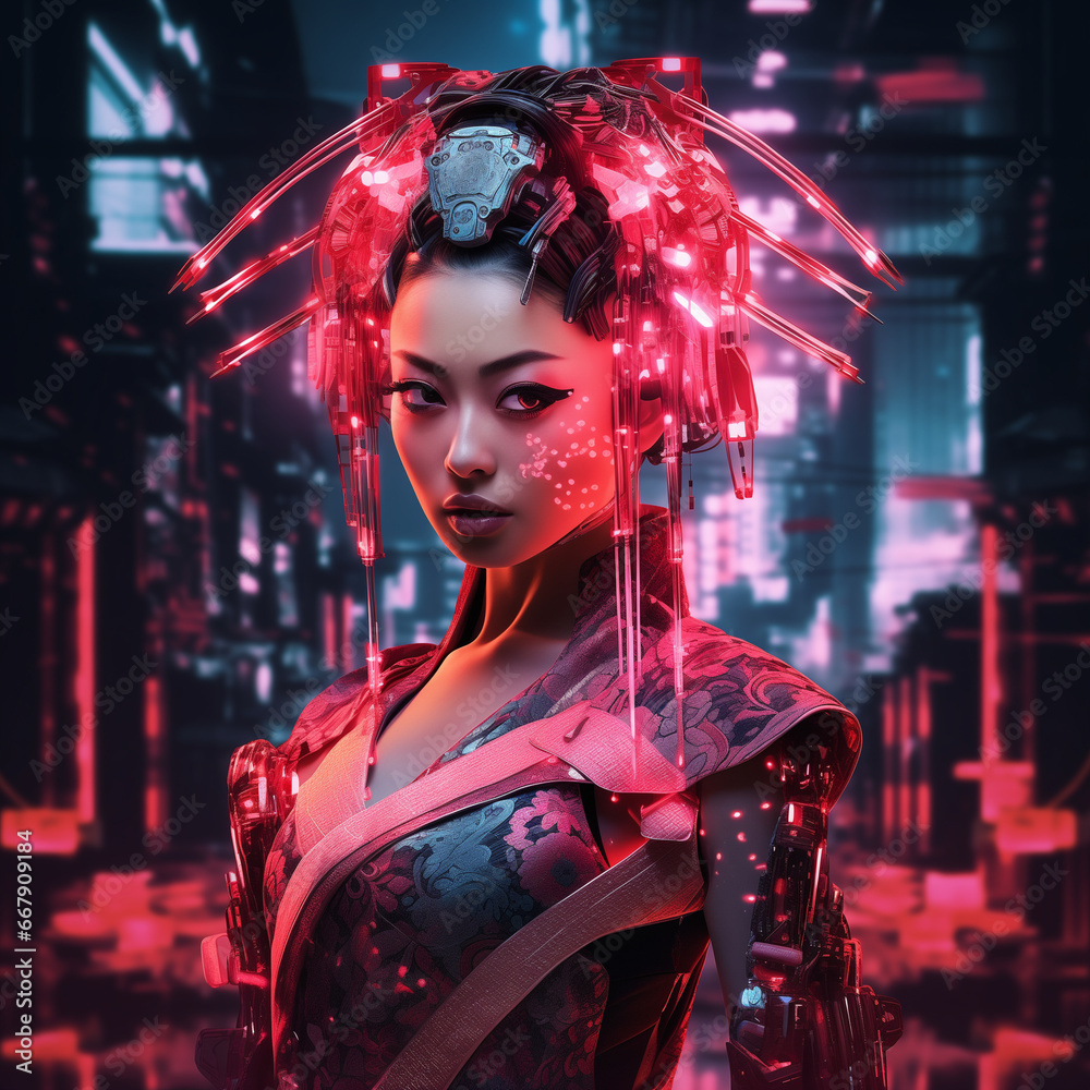 Neon Fusion: The Cyberpunk Transformation of a Japanese Geisha Stock ...