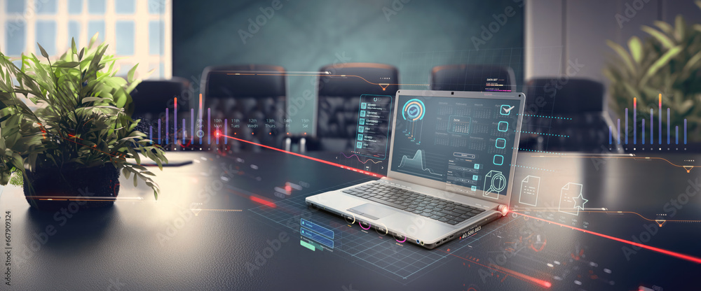 corporate business laptop computer on office desk at a meeting room ...