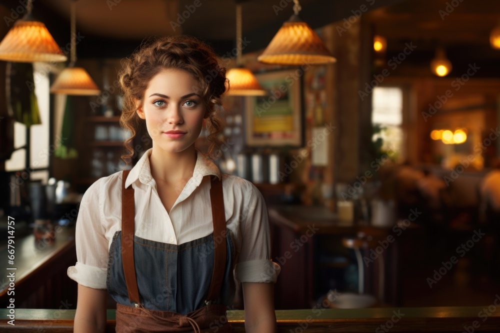 Portrait of a latin young caucasian waitress small business owner ...