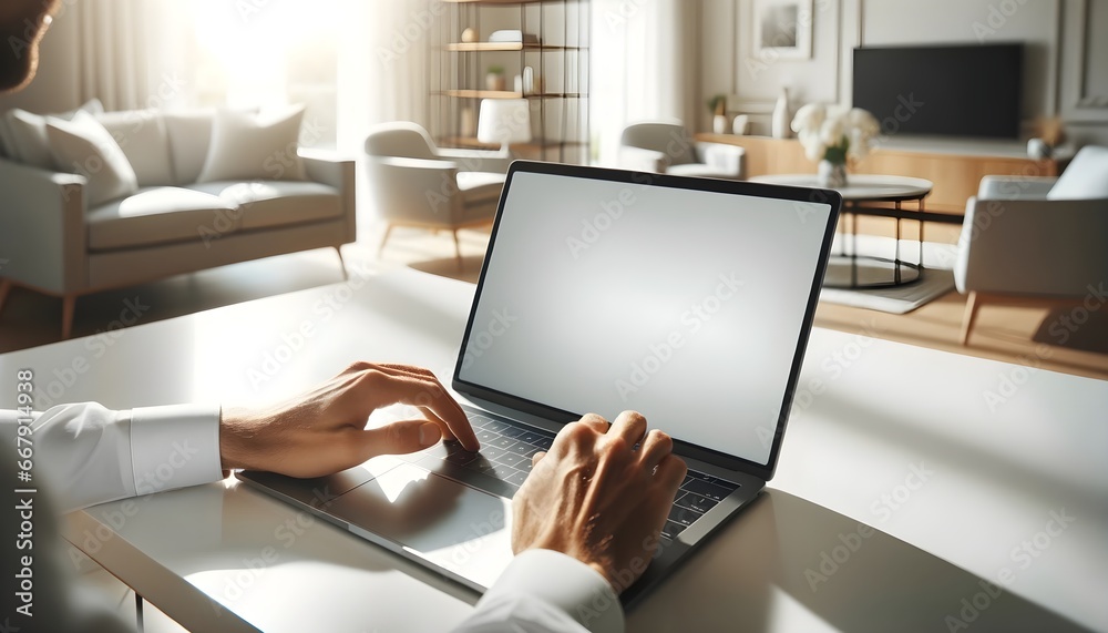 Person working on laptop with blank white screen concept, office ...