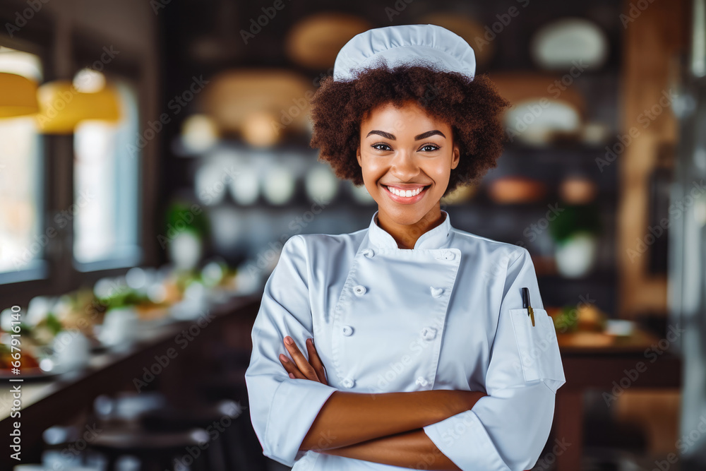 Beautiful young black female personal chef focusing on her job, wearing ...