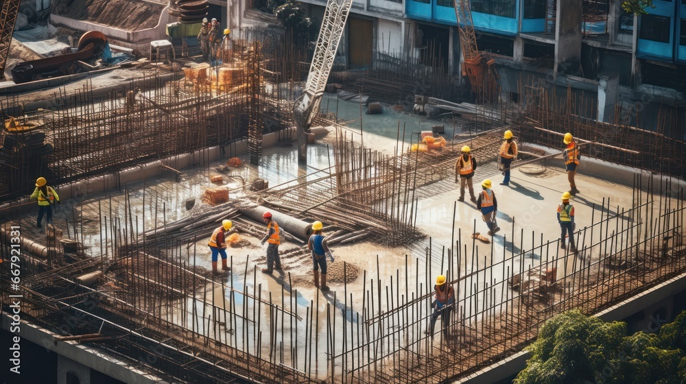 Top view of workers laying foundation structure, high rise building ...