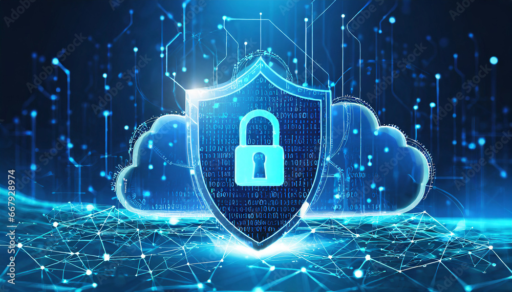 Abstract security shield and glowing blue cloud with binary code in low ...