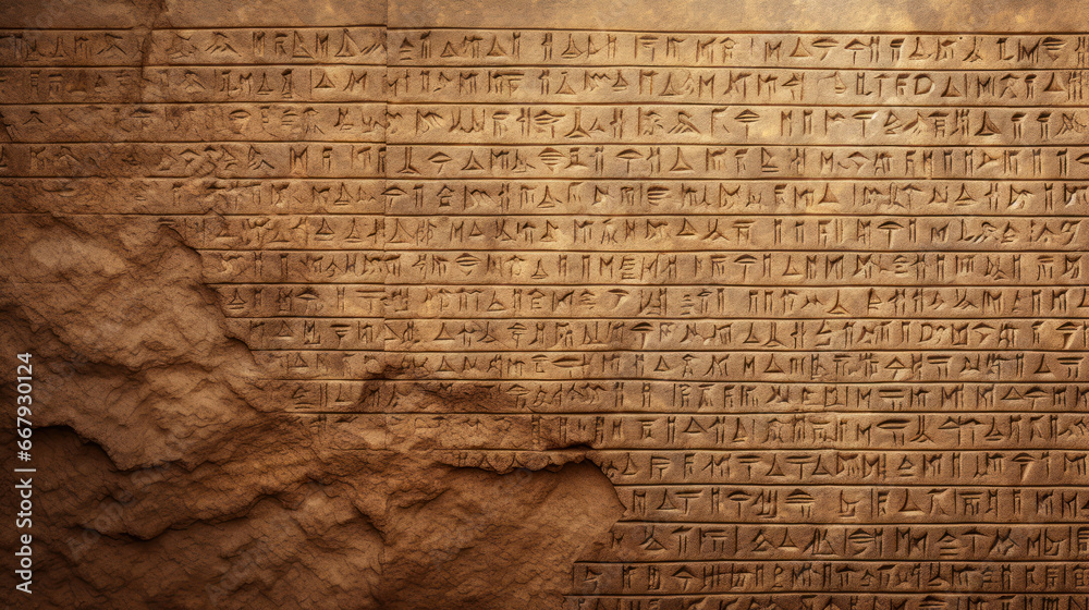 Foto de Cuneiform or hieroglyphs of Ancient civilization carved on old ...