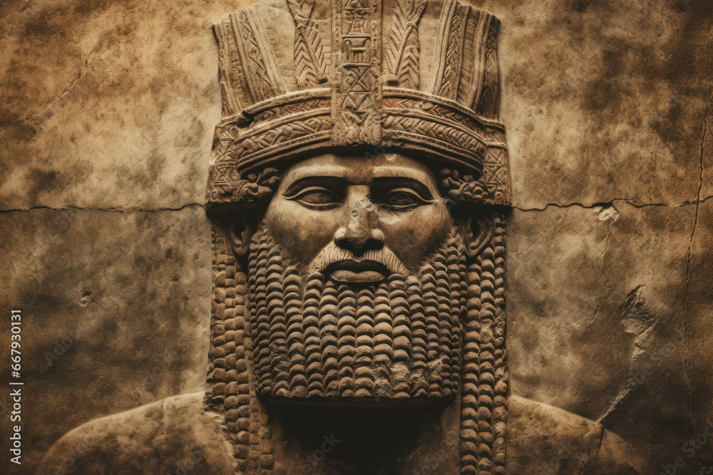 Foto de Babylonian wall art, face of king carved in stone in Middle East, Sumer culture ...