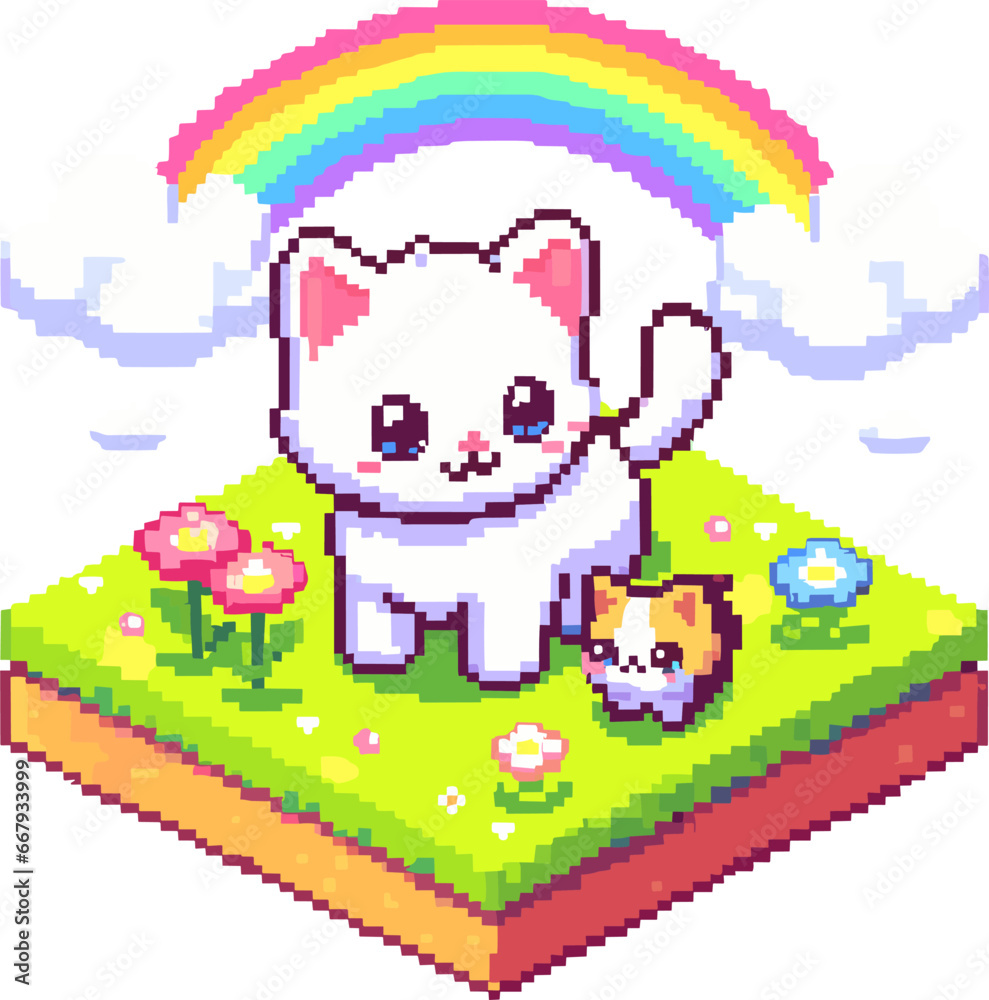 Isometric kittys with a rainbow pixel art isolated on white backgroind ...