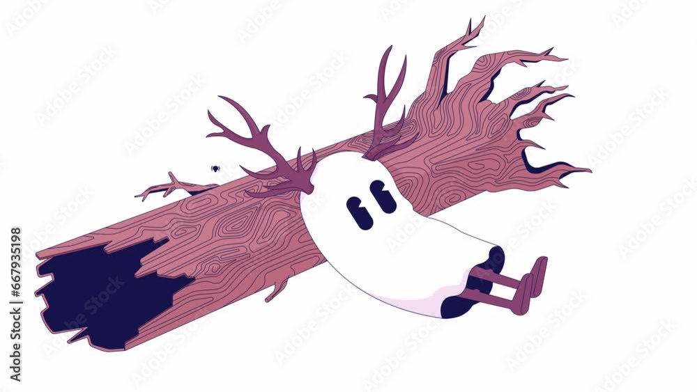 Depressed sighing ghost lying on tree trunk line cartoon animation ...