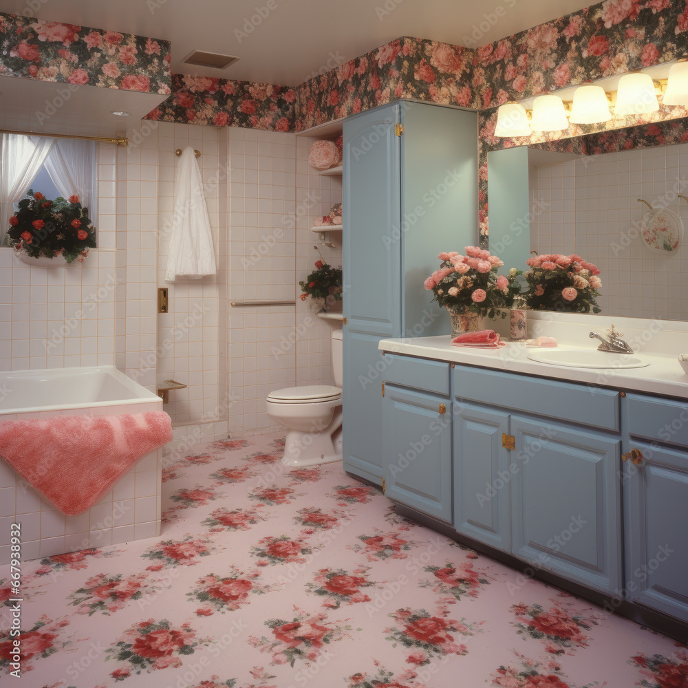 Over-the-top 1980s style bathroom, with floral wallpaper, blue cabinets ...