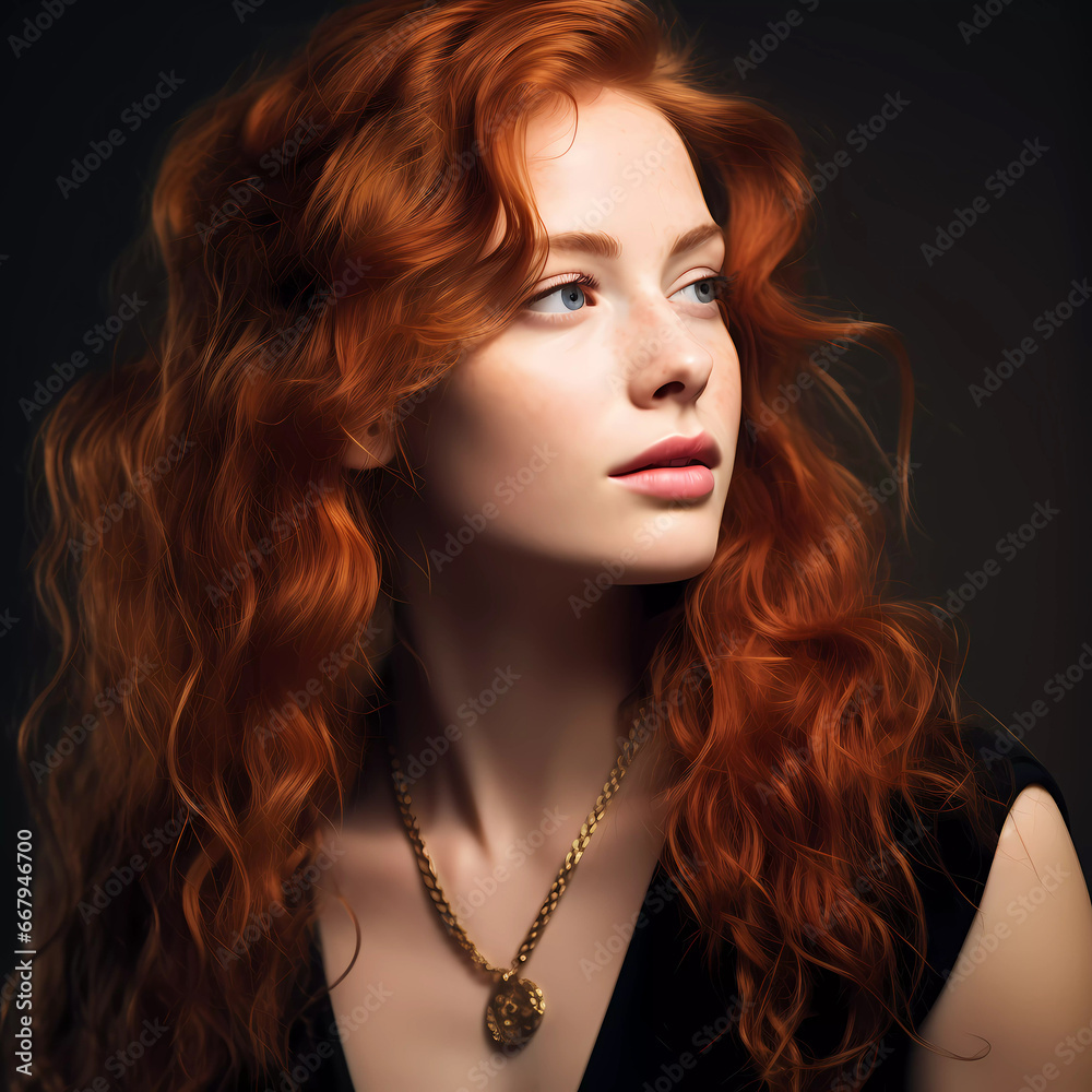 photograph of beautiful red hair model with long hair and some gold ...