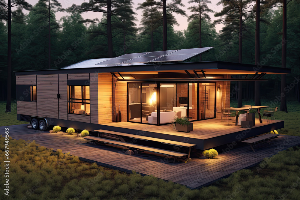 Modular wooden house on wheels with flat roof with solar pannel and big ...