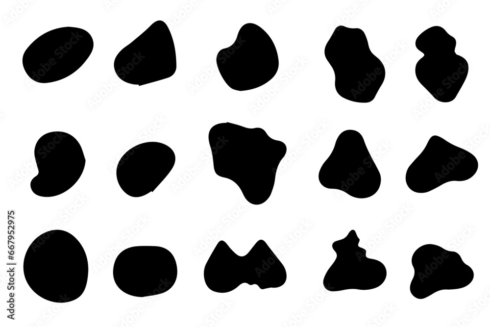Blob shape organic set. Random black cube drops shapes. Pebble, inkblot, drops and stone ...