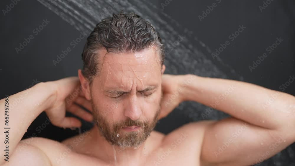 Sexy Man Washing Hair In Bathroom Guy Bathing Shower Head In Bathtub