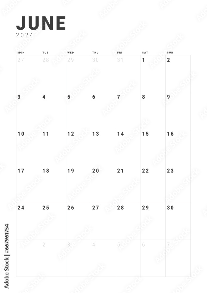 Monthly page Calendar Planner Templates of June 2024. Vector layout of ...