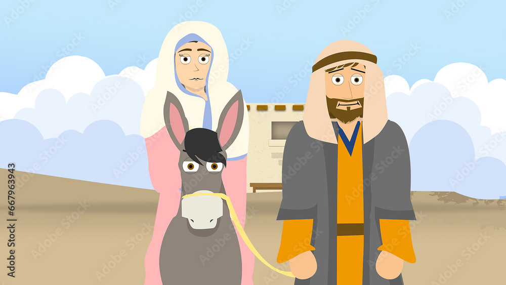 Cartoon Bible Illustration of Mary and Joseph travelling to Bethlehem ...