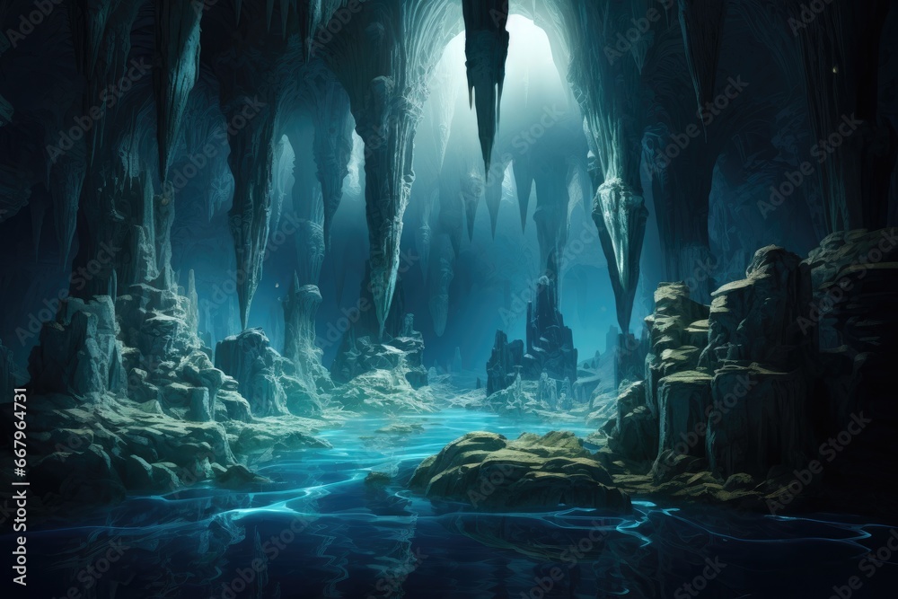3D rendering of a fantasy alien cave with some stalactites, mesmerizing ...