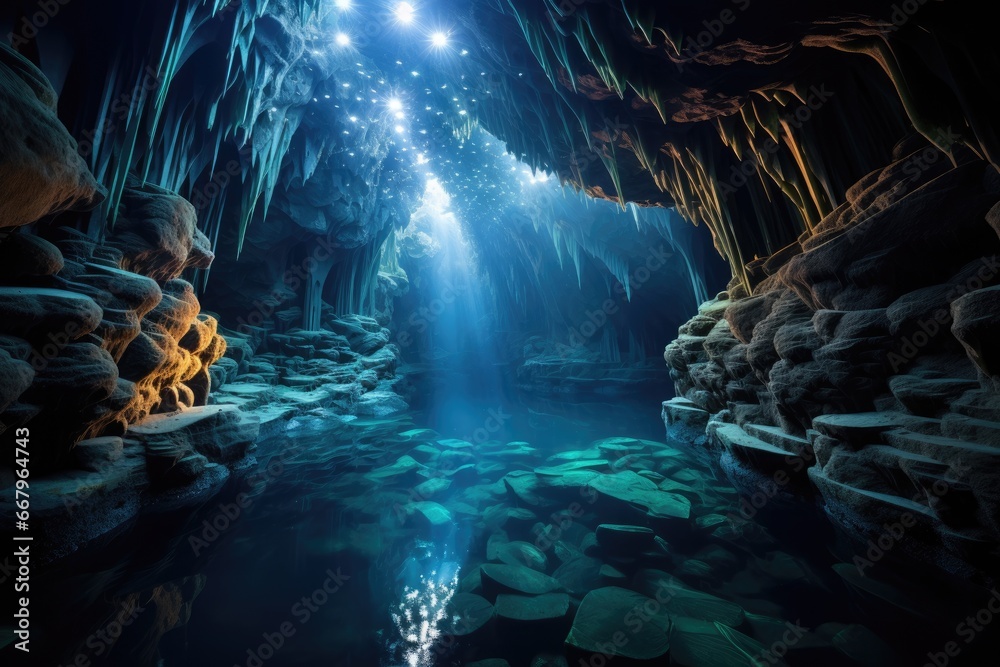 Beautiful underwater cave with crystal clear water. 3D Rendering ...
