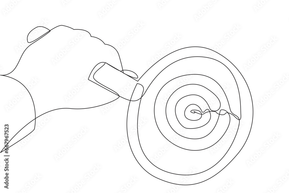 Single continuous line drawing big hand holding magnifying glass ...