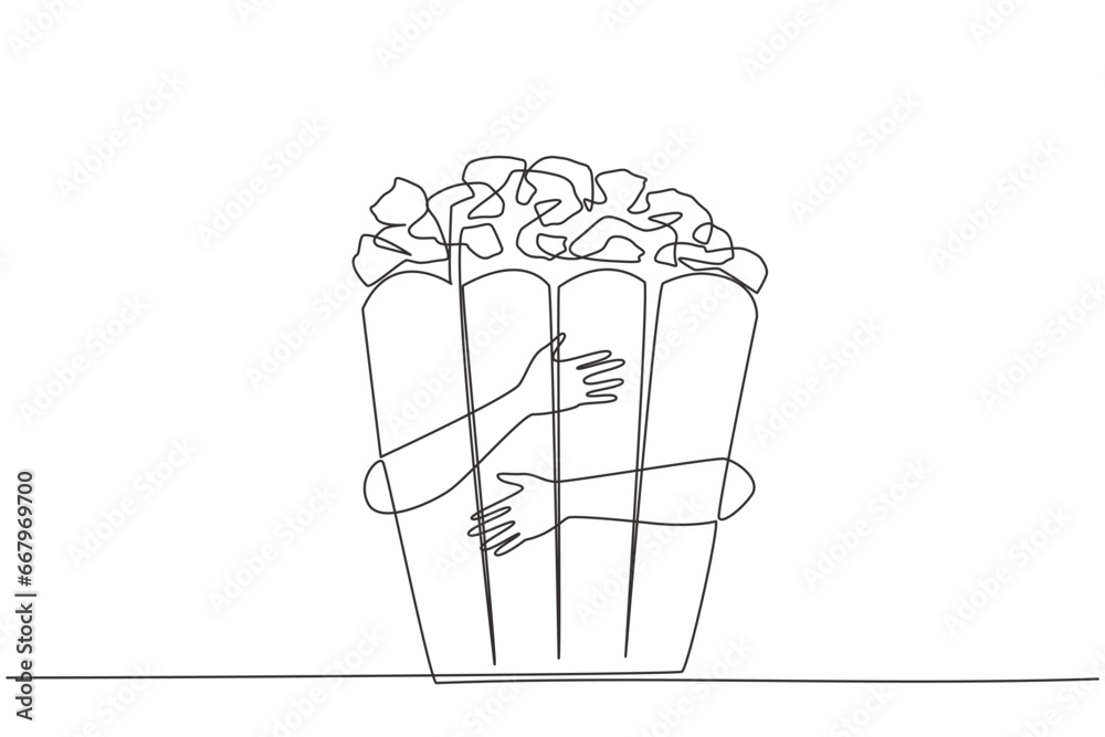 Continuous one line drawing of hand hugging popcorn. Movie time ...