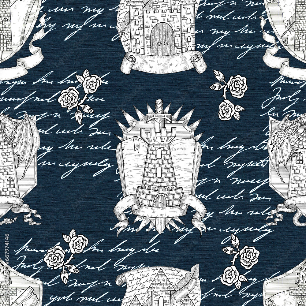 Seamless pattern with old castle tower, sword, banner and handwritten ...