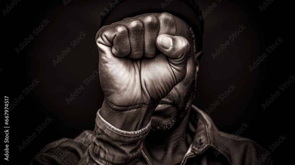 man holding a powerful portrait of a clenched fist as a symbol of human ...
