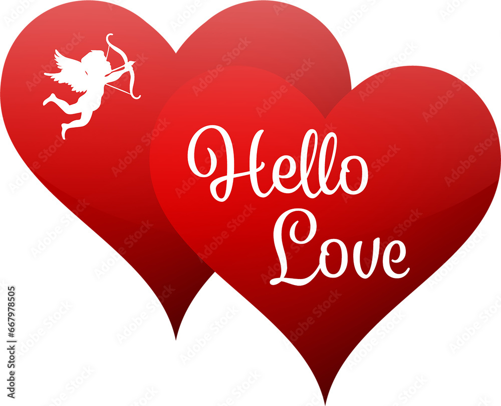 Digital png illustration ofhello love text on red heart with cupid on ...