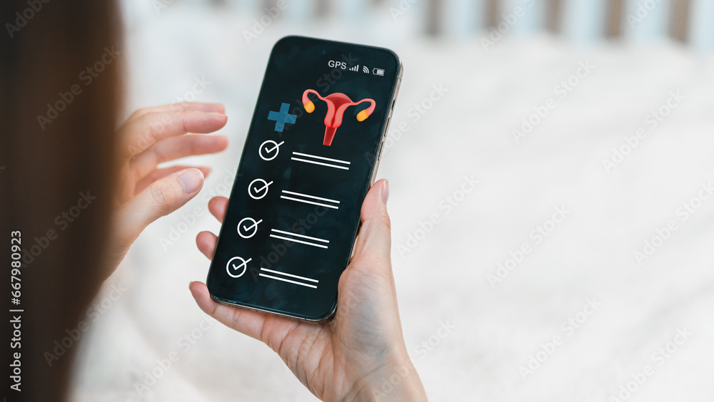 Woman use phone health checkup uterus therapy care, reproductive system ...