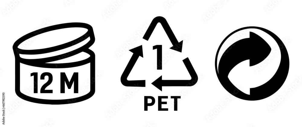 Period after opening symbol 12M and Plastic recycle symbol PET 1 icon ...