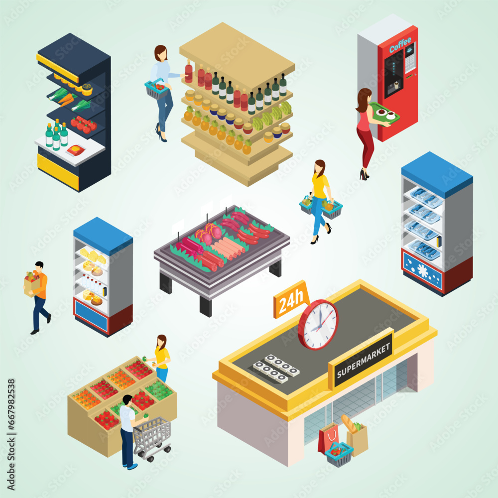 grocery store isometric flowchart supermarket set vector shop building cartoon with mini symbols ...