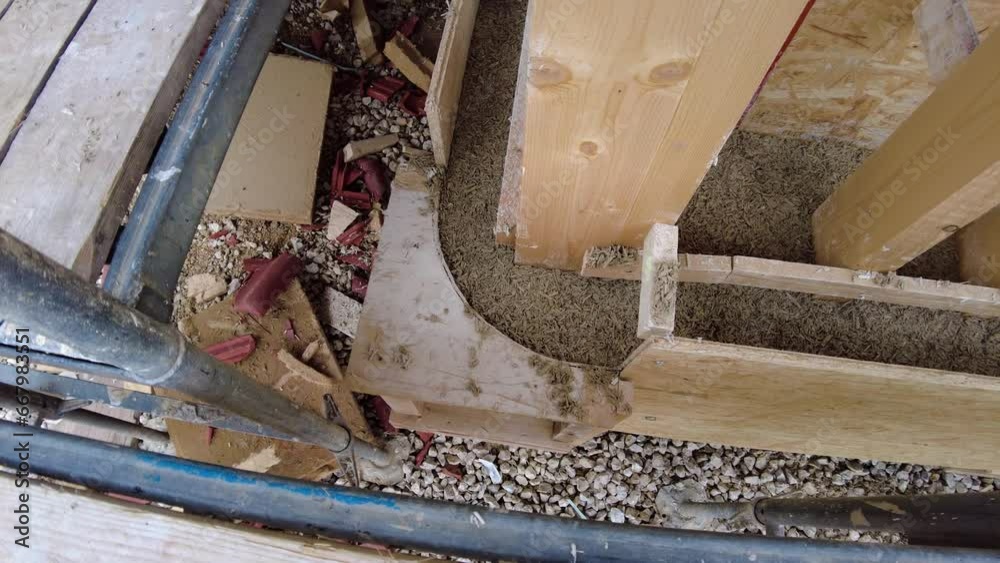 Horizontal section detail view of a hempcrete wall corner in wooden ...