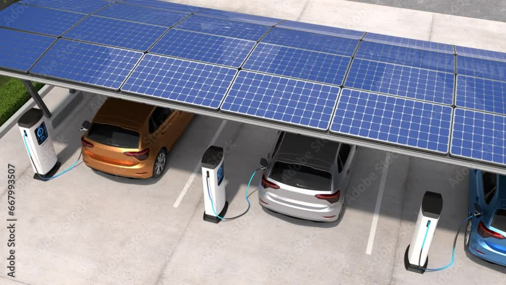 Electric cars are being charged in vehicle parking with solar panel energy, EV Charging Station ...