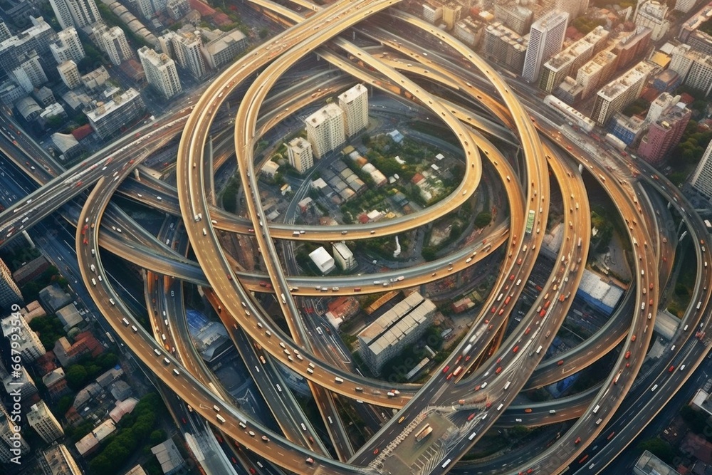 Bird's-eye perspective of a busy highway intersection in a bustling ...