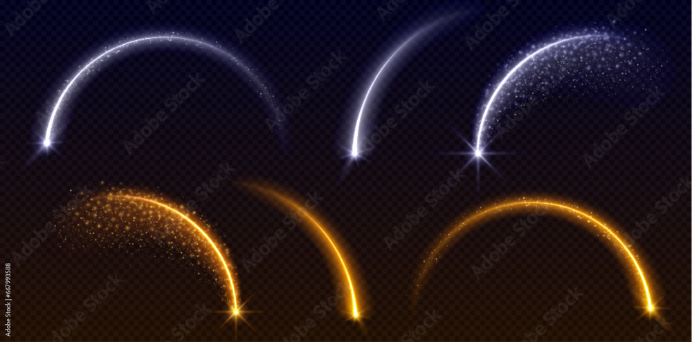 Star shooting arc light with magic beam sparkle. Neon curve arch line ...