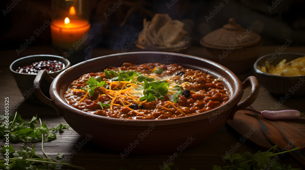 Steaming Indian food called "dal makhani" on a rustic clay bowl in an ...