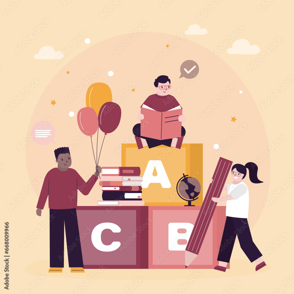 Three students and alphabet blocks. Happy kids studying and learning ...