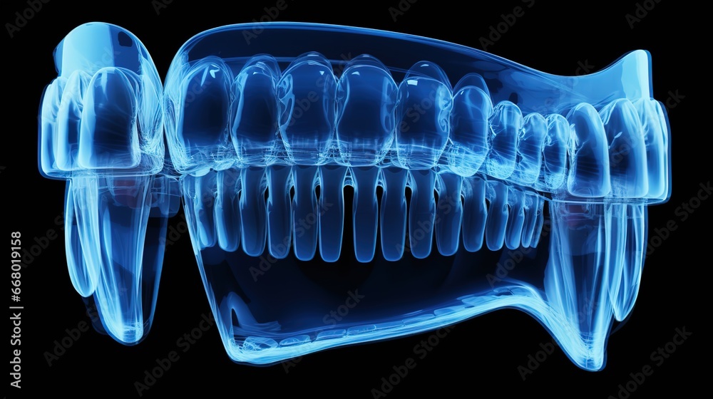 x-ray of human dental, blue tone radiograph on a dark background ...