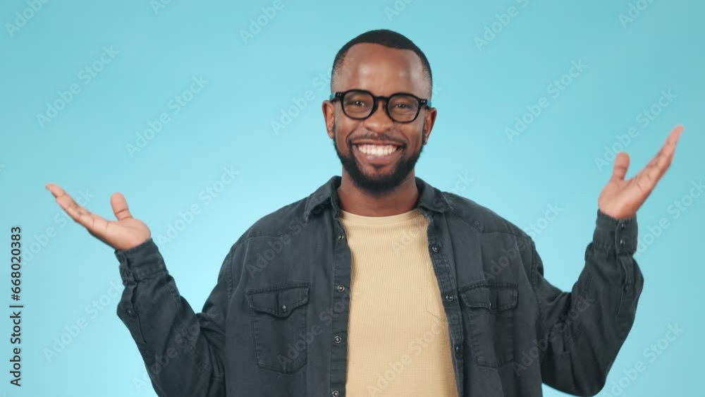 Option, balance and face of black man in a studio with choice, decision ...