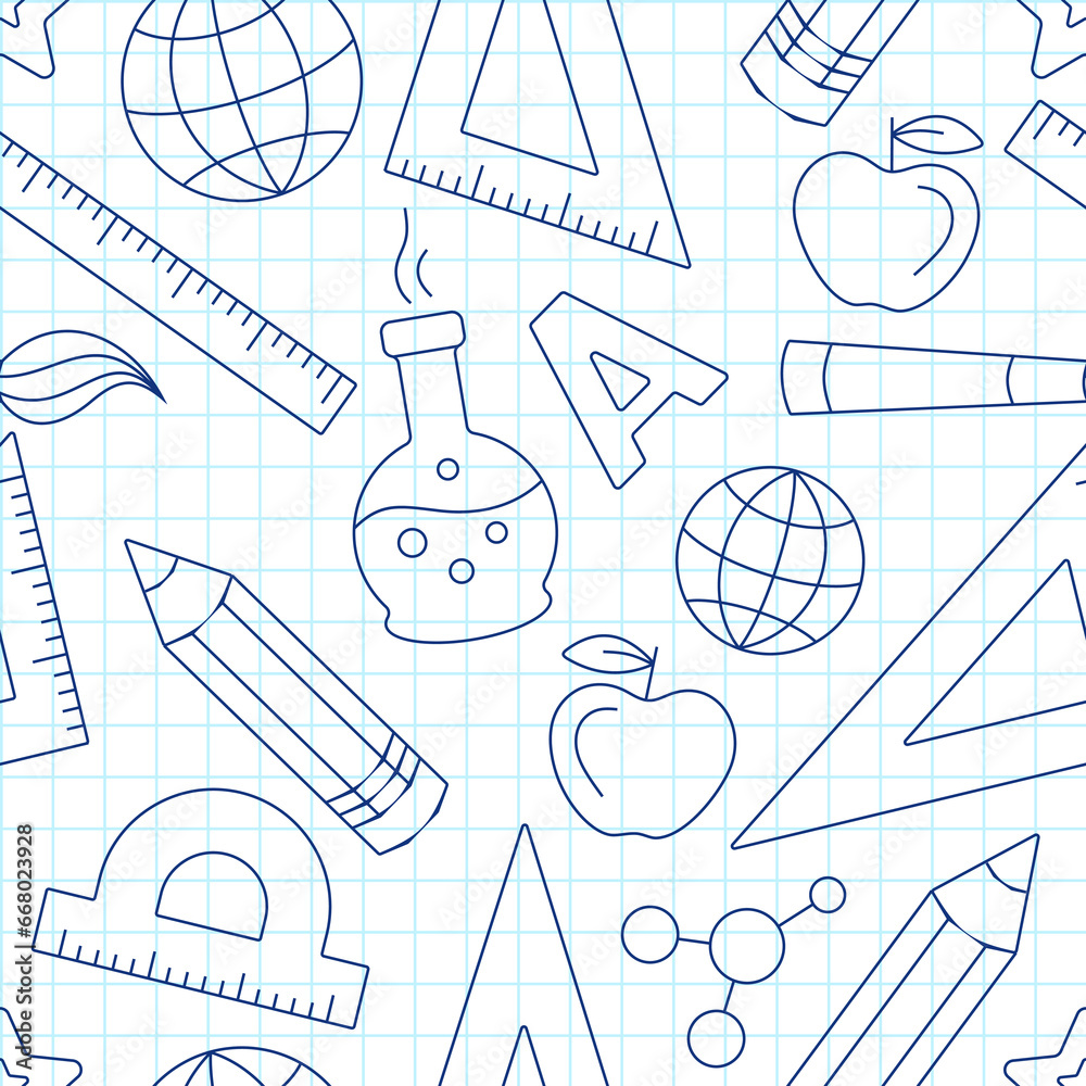 Background with school elements. Seamless pattern with ruler, protractor, globe, flask, letter A ...