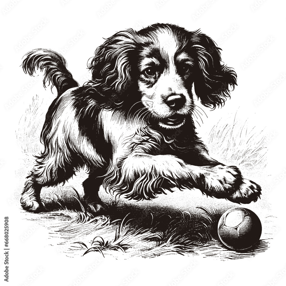 Cocker Spaniel playing with a ball. Hand Drawn Engraving Pen and Ink ...