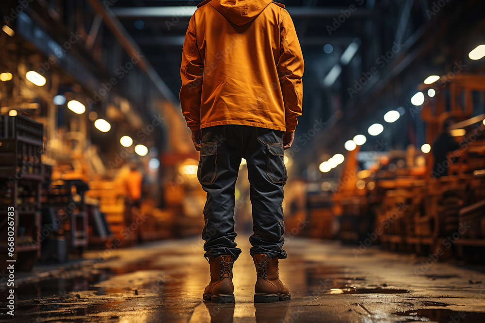 A factory worker which is wearing safety shoe and working uniform is ...