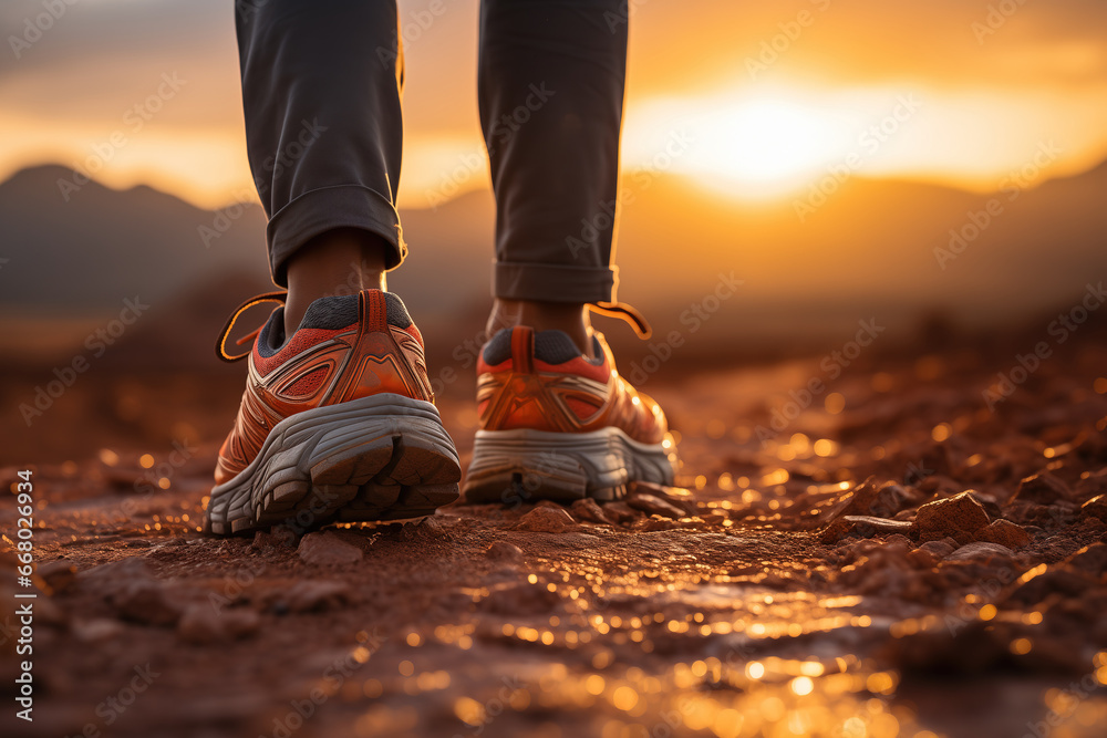 Close-up at the trail runner's feet during running on dirt terrain ...