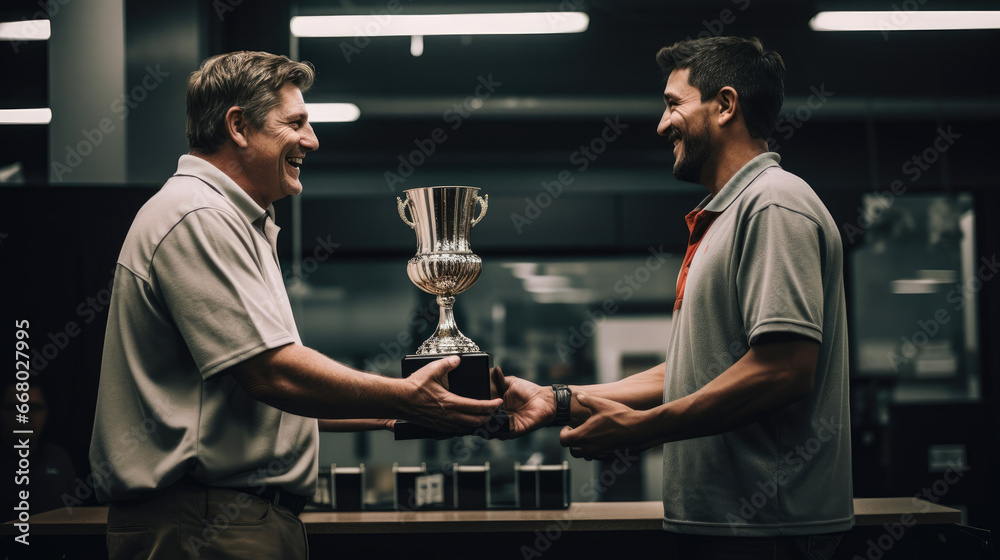 Supervisor and employee share a moment of recognition with a trophy as ...