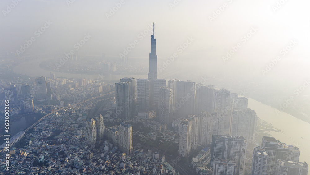 aerial view of early morning at Landmark 81 is a super tall skyscraper ...
