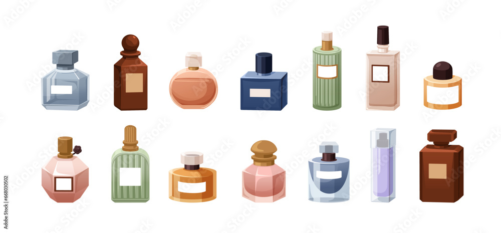 Perfume bottles set. Aroma water, fragrances, scents in glass packages ...