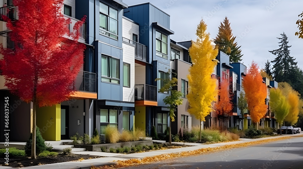 The houses are in a row. Several identical multi - colored houses in ...
