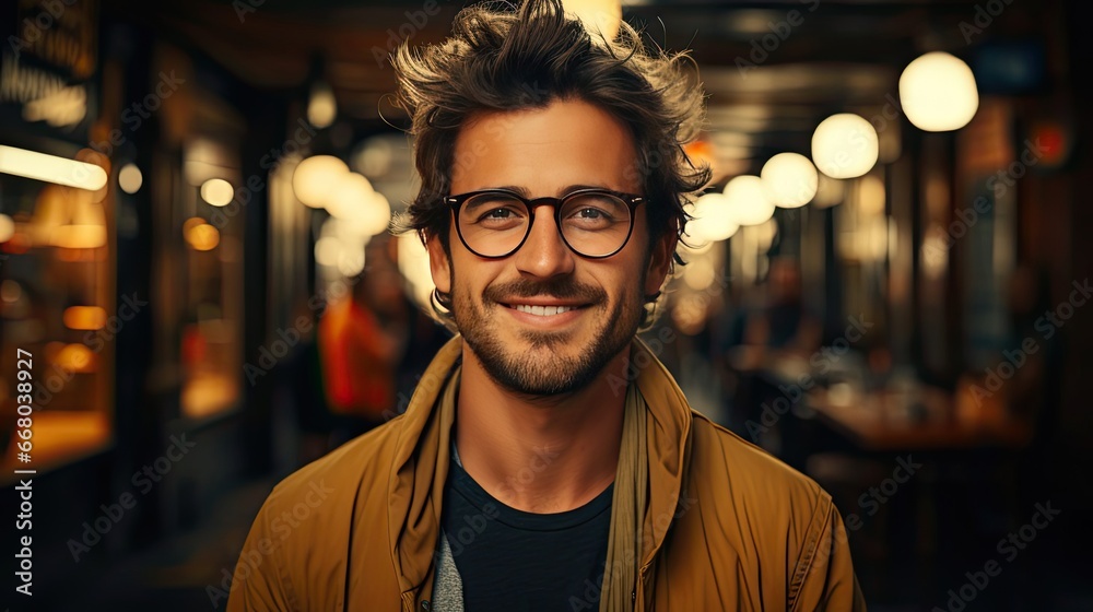 Close up charming guy entrepreneur feel content look listen have fun ...