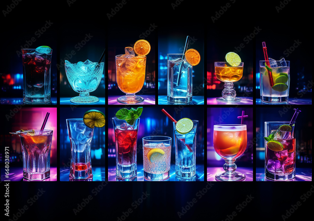 Variety of alcoholic cocktails on bar counter. Colorful drinks on dark ...
