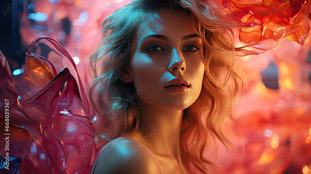 High Fashion model girl in colorful bright neon lights posing in studio ...