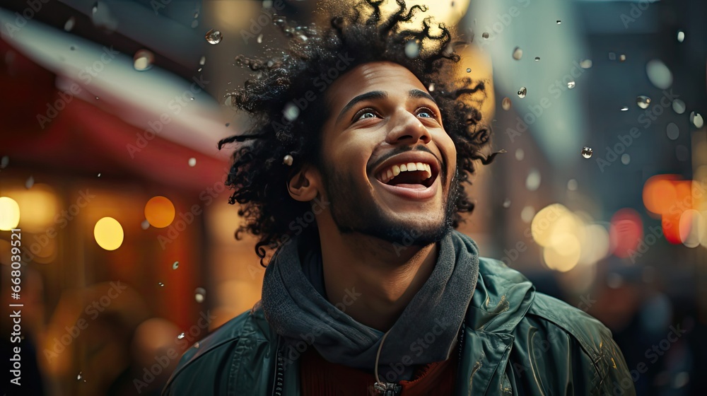 Handsome unshaven young dark-skinned male laughing out loud at funny ...