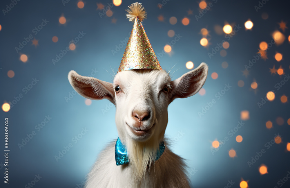 Cute little goat with birthday hat on color background, closeup ...