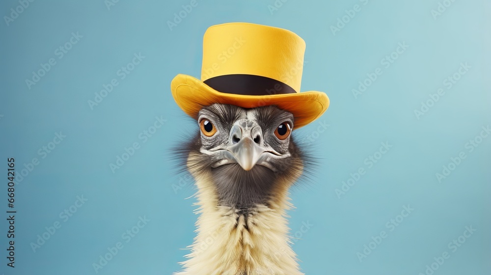 emu bird in party attire: colorful cone hat, necklace, and bowtie on ...